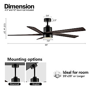 WINGBO 64 Inch DC Ceiling Fan with Lights and Remote Control, 5 Reversible Carved Wood Blades, 6-Speed Noiseless DC Motor, Modern Ceiling Fan in Matte Black Finish with Walnut Blades, ETL Listed