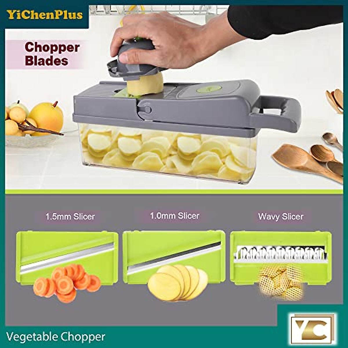 YiChenPlus Vegetable Chopper, 14-in-1 Food Chopper with Container Kitchen Vegetable Slicer/Dicer Cutter Onion Chopper With 8 Blades One-Button Press to Clean Food Residue