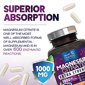 Magnesium Citrate Capsules 1000mg - Max Absorption Magnesium Powder for Muscle, Nerve, Bone and Heart Health Support, High Absorption Citrate Complex, Gluten Free, Non-GMO - 180 Capsules