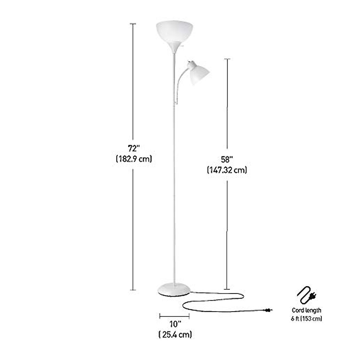 Globe Electric 67136 72" Torchiere Floor Lamp + Adjustable Reading Light, Matte White, Frosted Plastic Shade, 3-Step Rotary Switch on Floor Lamp Socket, Home Improvement, Home Office Accessories