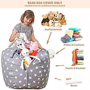 Aubliss Stuffed Animal Bean Bag Storage Chair, Beanbag Covers Only for Organizing Plush Toys, Turns into Bean Bag Seat for Kids When Filled, Large 38"-Canvas Stars Grey