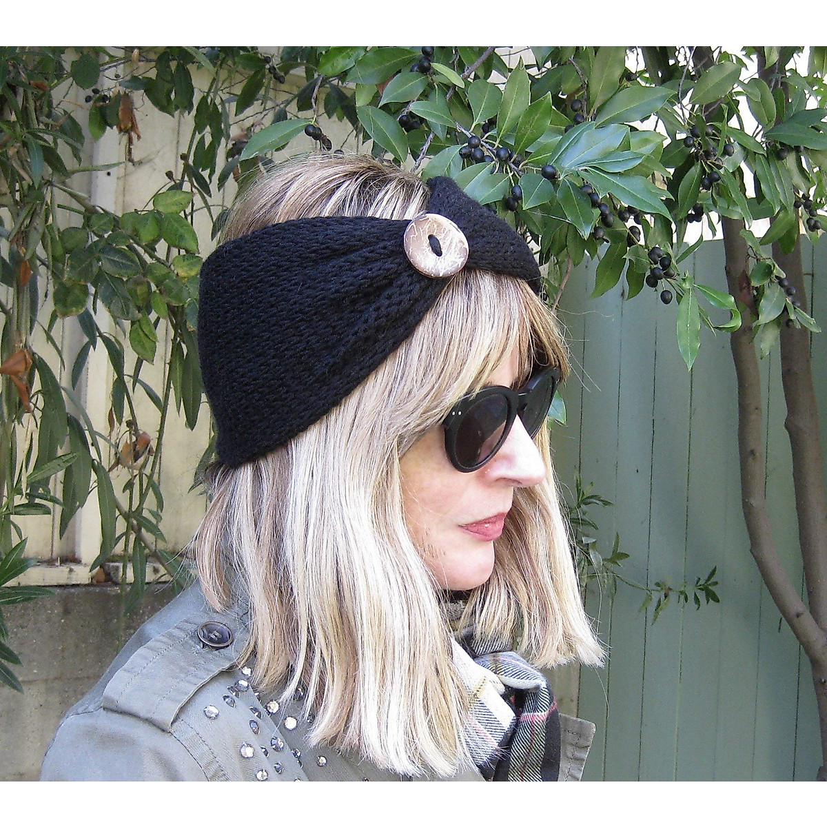 Handmade Black Knitted Wool Headband Ear Muffs with Coconut Button