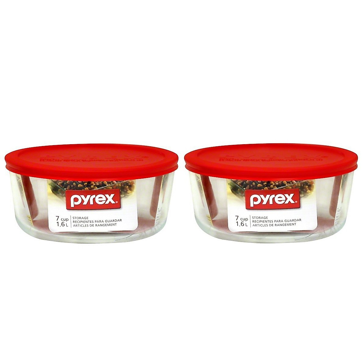 Pyrex, Clear, Plus 7-Cup Round Storage Dish with Red Plastic Cover Pack of 2 Containers