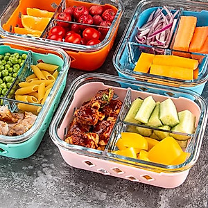 CYUFU 5 Packs 30oz Glass Meal Prep Containers, Glass Food Storage Containers with Lids, Airtight Glass Bento Boxes, Oven, Freezer and Dishwasher Safe (2 Compartments with silicone sleeves)