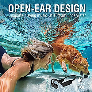 Swimming Bone Conduction Headphones Open Ear Wireless eadphones Bluetooth with Mic MP3 Player Built-in 8G Memory IPX 8 Waterproof Sport Headsets for Running Walking Bicycling Working Gym(Blue)