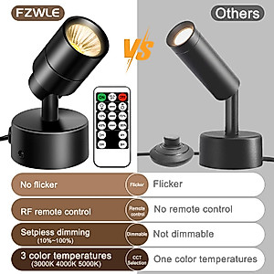 FZWLE 2 Pack Dimmable Indoor Spot Lights with Timer & Remote, 3W LED Up Lights, 3000K/4000K/5000K Adjustable, Ideal Indoor Accent & Plant Spotlight