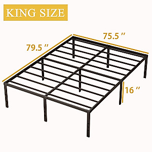 MISAGI King 18inch Metal Bed Frame No Box Spring Needed, Heavy Duty Metal Platform with Tool Free Setup, Black, Durable, Suitable for Bedroom, King