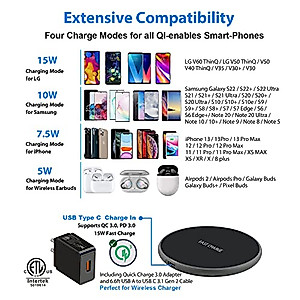 Wireless Charger for Samsung Galaxy S23/S23 Ultra/S22/S22+/S22 Ultra/S21/S21+/S21 Utral/S20/S20+/S10/S10+/S9/S9+/S8/S8+/S7/S6, Wireless Charging Pad with QC 3.0 Adapter and 6.6ft USB-C Cable, Black.