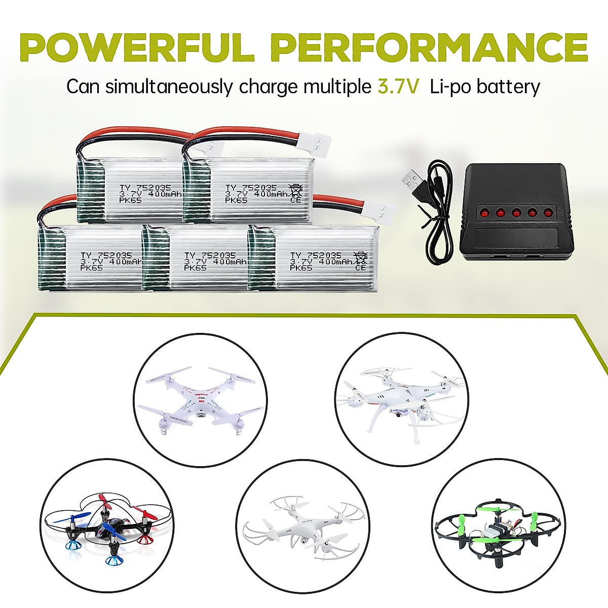 sea Jump 5PCS 3.7V 400mAh Li Battery with 5in1 Charger for SYMA Q11 H99W H31 H6C H98 TR-C385 TR-P51 TR-F22 Quadcopter Parts Aircraft Model Drone Battery AT-96