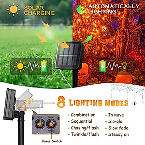 Ｗoohaha Solar Halloween Lights Outdoor,2 Pack Each 33Ft 100LED Orange Halloween Lights,Copper Wire Solar Powered Fairy String Lights 8 Modes for Garden,Tree,Thanksgiving,Christmas,Parties,Home Decor