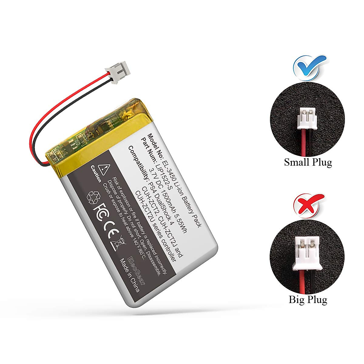 ElecGear 1PC Replacement Battery Pack for PS4 Controller V4, 1500mAh Li-ion Rechargeable Battery for PlayStation 4 DualShock CUH-ZCT2 Series LIP1522 with Small Plug, Repair Tool Kit Included
