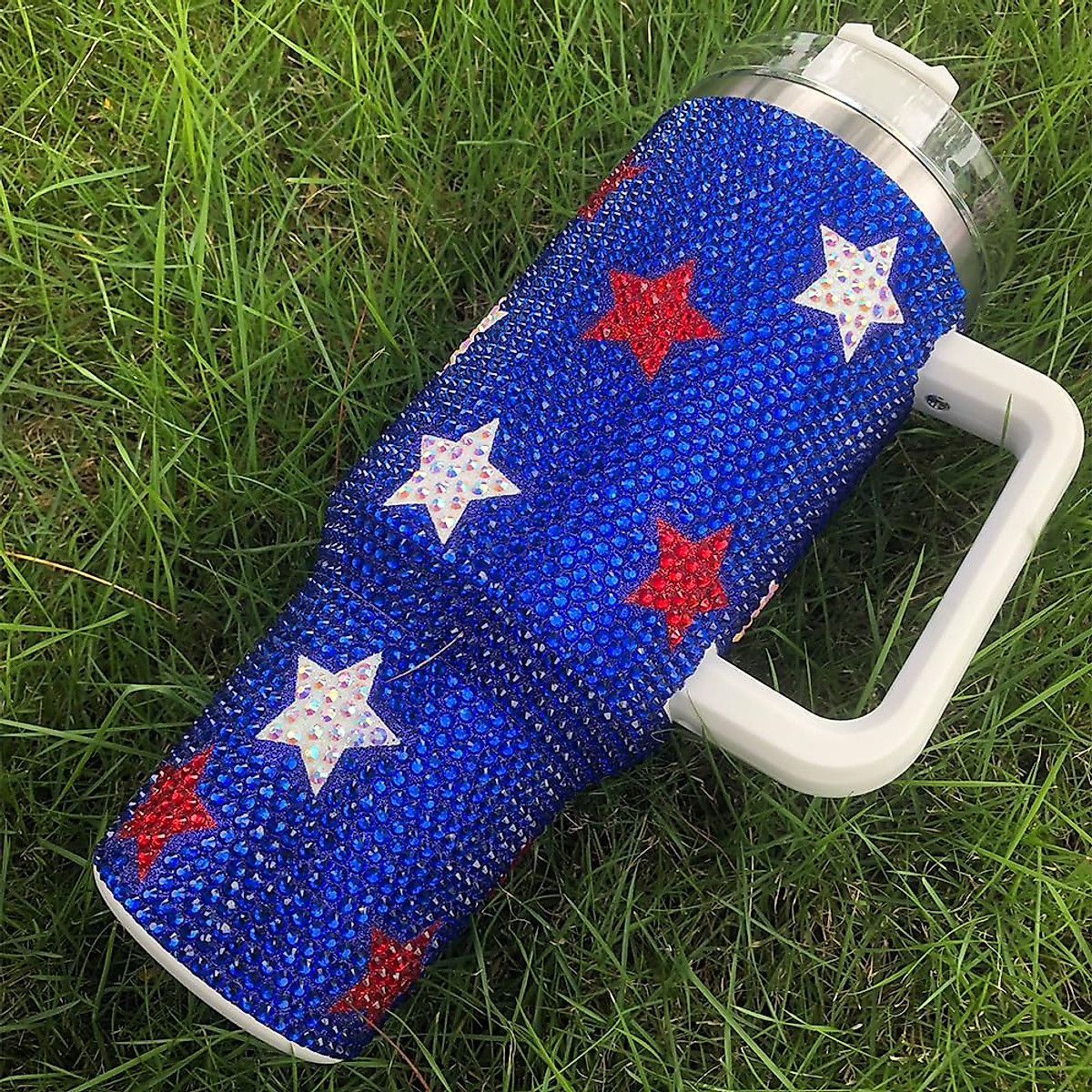 Cupcupmore 40oz Blue Star Bling Rhinestone Stainless Steel Sippy Tumbler Glitter Vacuum Insulated Water Bottle with Straw & Lid &Handle,Thermos for Hot & Cold Drinks,Car Cup Holder,Coffee