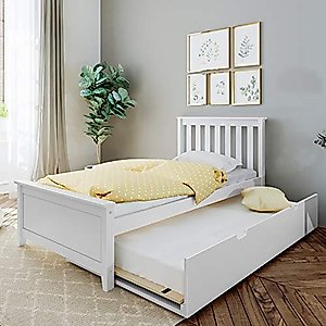 Max & Lily Twin Bed, Wood Bed Frame with Headboard For Kids with Trundle, Slatted, White