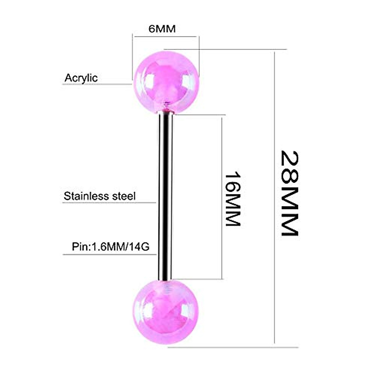 Tanyoyo 14G 18 Pcs Colorful Ball Tongue Rings Stainless Steel Barbell Tongue Straight Ring Retainer Nipple Ring Bar Length 16mm For Women Men (18PCS Colorful)