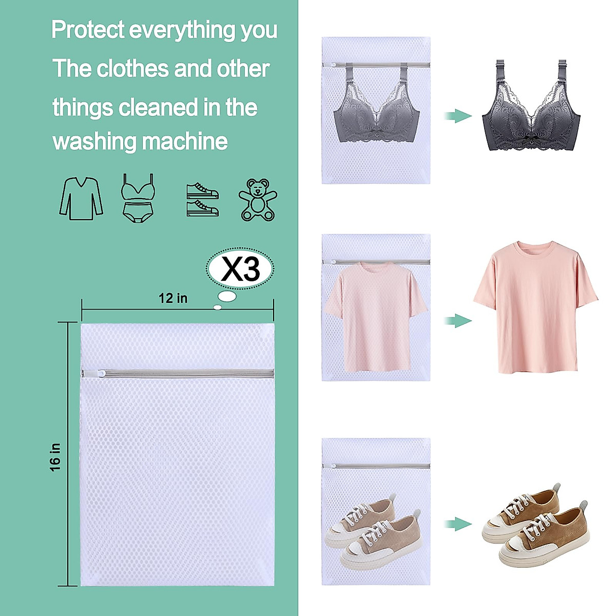 3-Pack Mesh Laundry Bags for Washing Machine - Ideal for Delicates, Lingerie, Bras, and Shoes - Resistant, Breathable, and Zippered Wash Bag for Travel and Home (12 x 16 Inches)