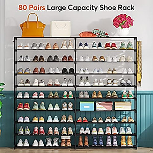 Tribesigns 10 Tier Extra Large Shoe Rack Organizer for Closet Entryway, 80 Pair Large Capacity Tall Shoes Storage Shelf with Side Metal Hooks for Garage Bedroom Hallway, Black