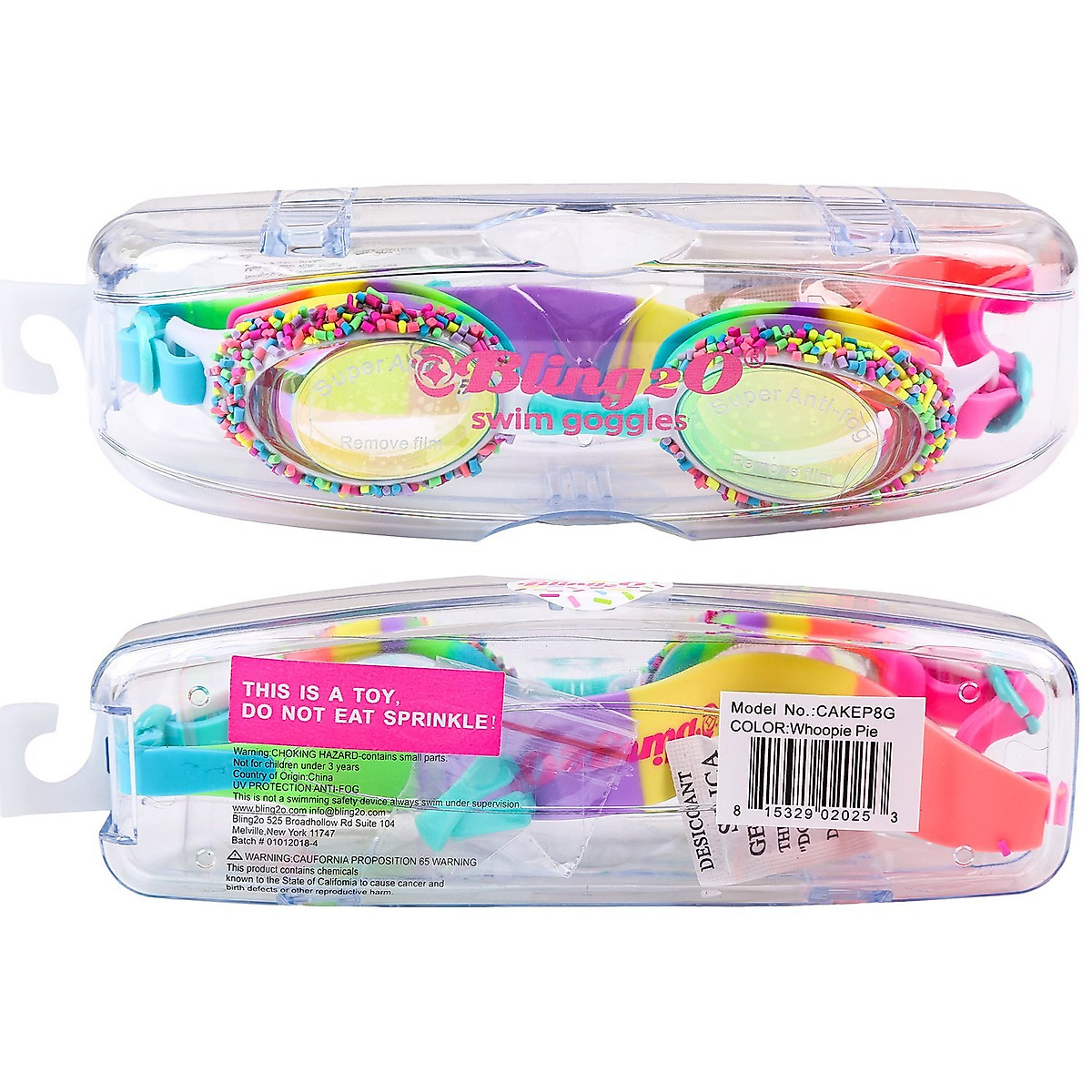 Bling 2O Girls' Rainbow Cake Kids Swimming Goggles (Ages 3+ up) - UV Protection, Latex-Free, 100% Silicone Material - Includes Anti-Fog & Adjustable Nose Piece