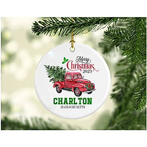 Christmas Decoration Tree Merry Christmas 2023 Charlton Massachusetts Ornament Funny Gift Xmas Holiday as a Family Pretty Rustic First Christmas in Our New Home MDF Plastic 3" White