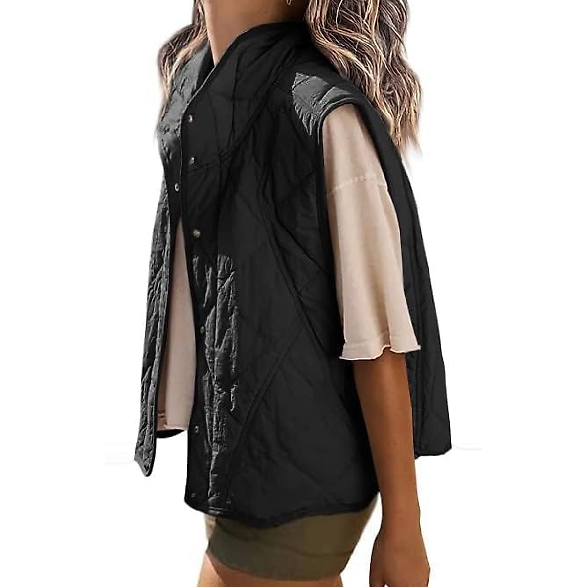 Veatzaer Womens Oversized Puffer Vest Cropped Quilted Stand Collar Lightweight Jacket Sleeveless Button Down Tops