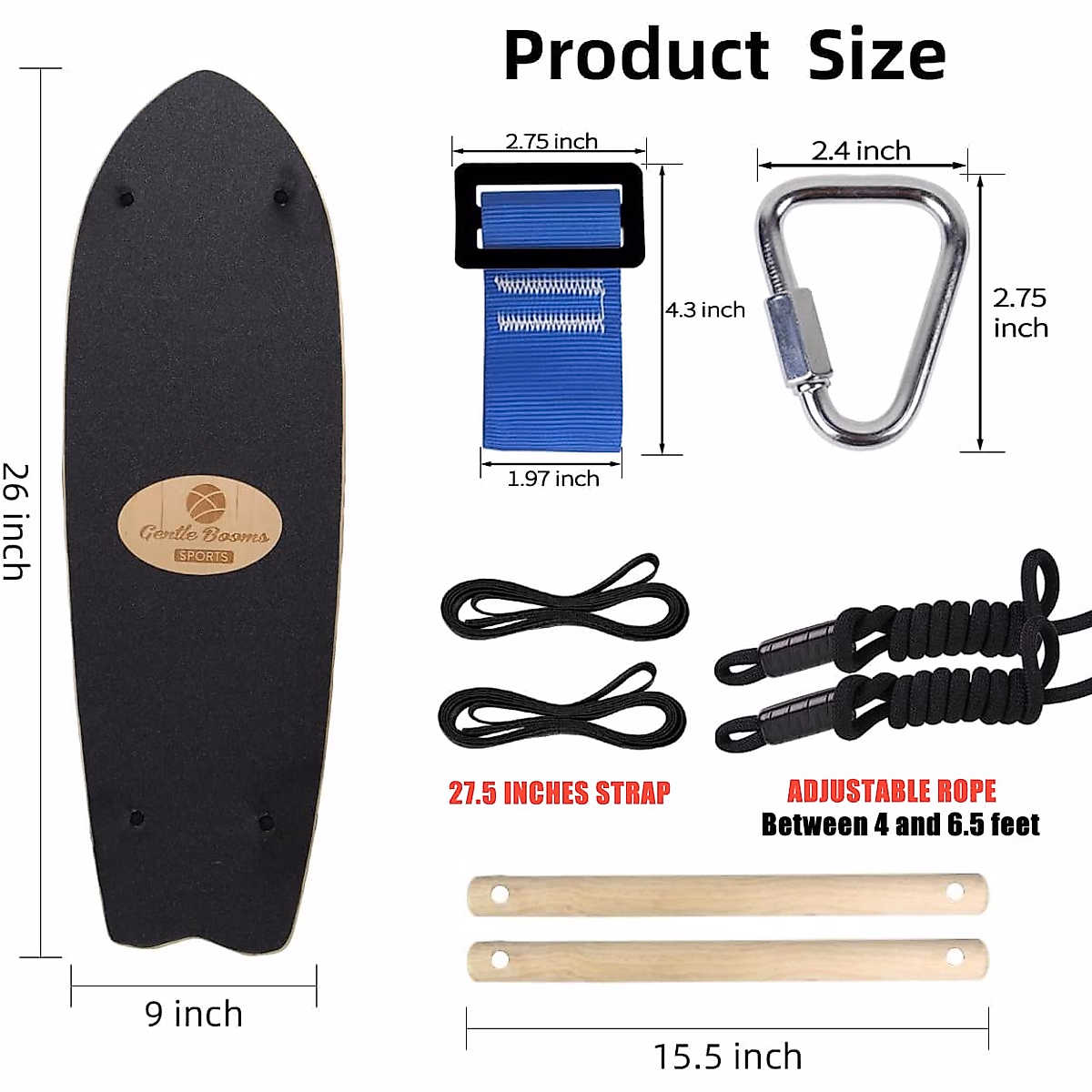 Gentle Booms Sports Skateboard Swing, 29.7×9.5 inch Large Stand Up Surf Swing with Adjustable Handle, Up to 660 Pounds Weight Capacity, Outdoor Swing for Kids