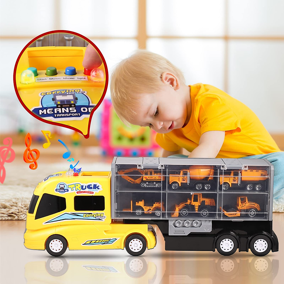 Construction Truck Toys Kids with Game Mat, Carrier Truck Alloy Engineering Vehicle Truck Toy Set, Excavator, Dump Tractor Helicopter Die cast Christmas Birthday Gifts for Kid Toddler Child Age 3 4 5