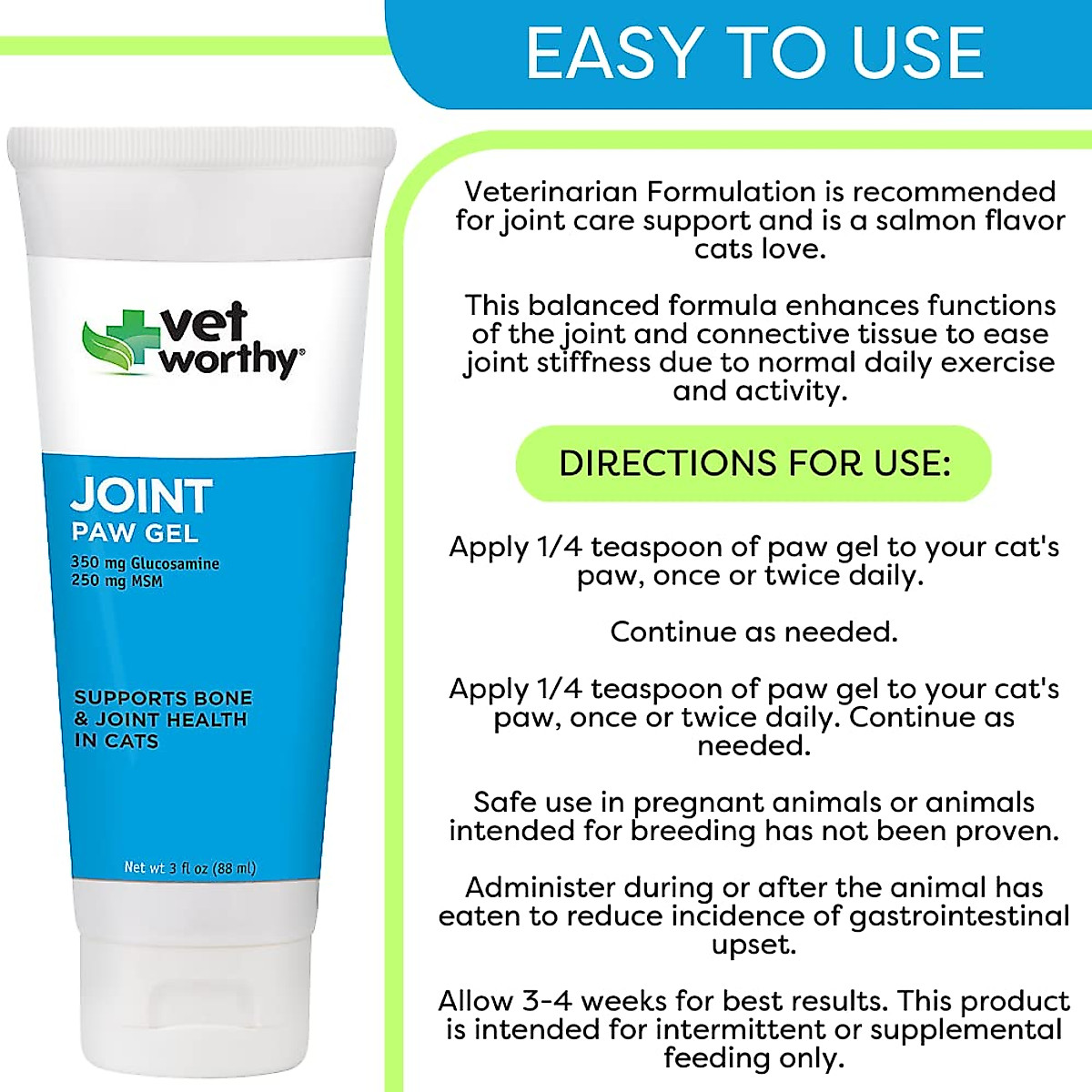 Vet Worthy Joint Paw Gel for Cats - 3oz - Glucosamine Chondroitin Joint Support Supplement -with MSM, Vitamin C, Yucca Schidigera, Sea Kelp - Salmon Flavor Cat Paw Gel - Daily Use
