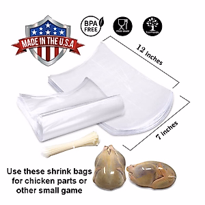 GeoEco Poultry Shrink Clear Bags for Chicken Parts - 7 inch x 12 inch with zip ties BPA Free, MADE IN USA (100)