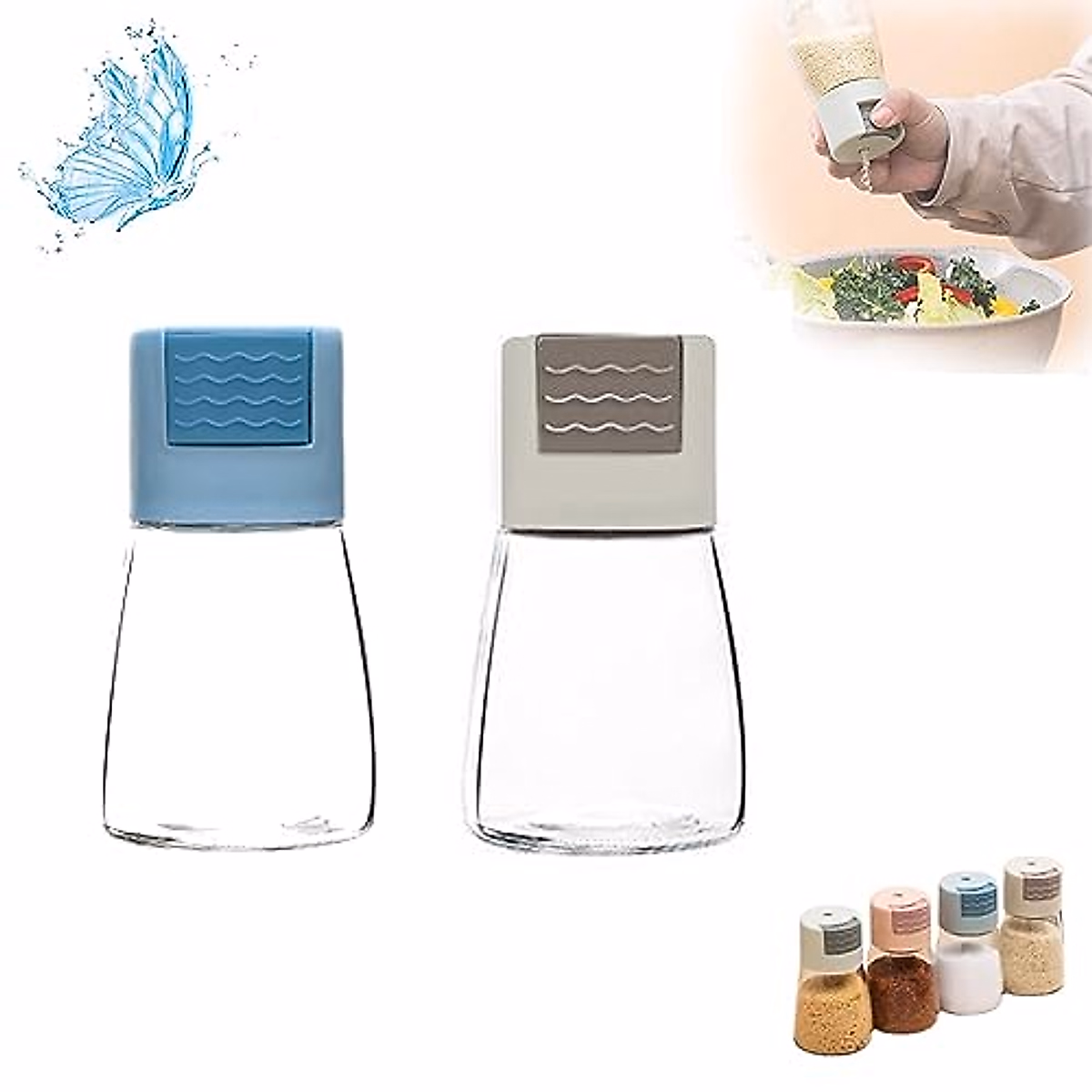 Salt and Pepper Shakers Precise Quantitative Push Type, Glass Metered Salt Dispenser, Measuring Salt and Pepper Shakers, Salt Healthy Intake Suitable for Home Cooking-2pcsF