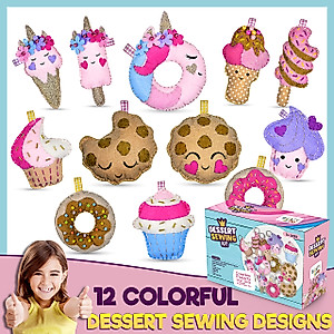 12 Pre-Cut Mini Treats Dessert Fun Kids Sewing Kit for Kids Ages 8-12 Children Beginners Sewing kit kid crafts Make Your Own Felt Pillow Plush Craft Kit Girls and Boys Art Craft Kits Learn to Sew Kit