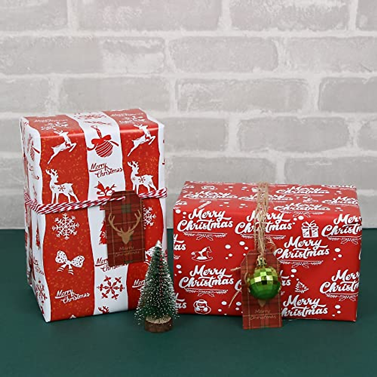 Aimyoo Red and Green Christmas Gift Wrapping Paper Bundle 4 Rolls 17 in x 16 ft per Roll, Merry Christmas Santa Claus Bells Deer Candy Canes Design