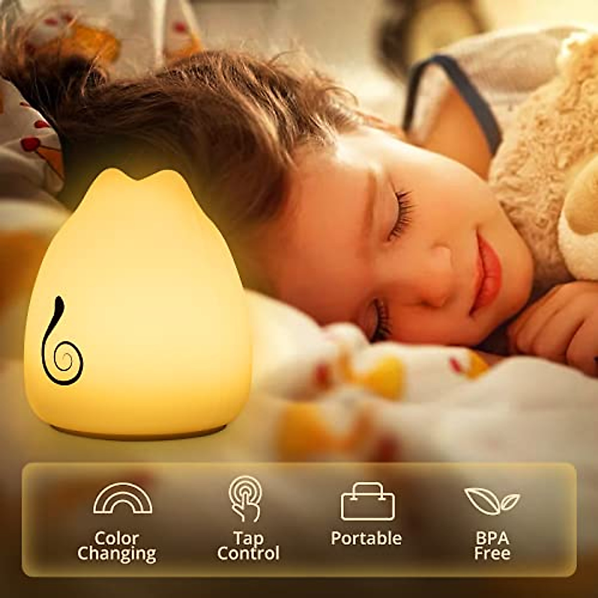 Litake Cat Night Light for Kids, Battery Powered Cat Lamp with Tail, Warm White and 9-Color Changing LED Silicone Cute Nursery Lights for Baby Kids Girl Room