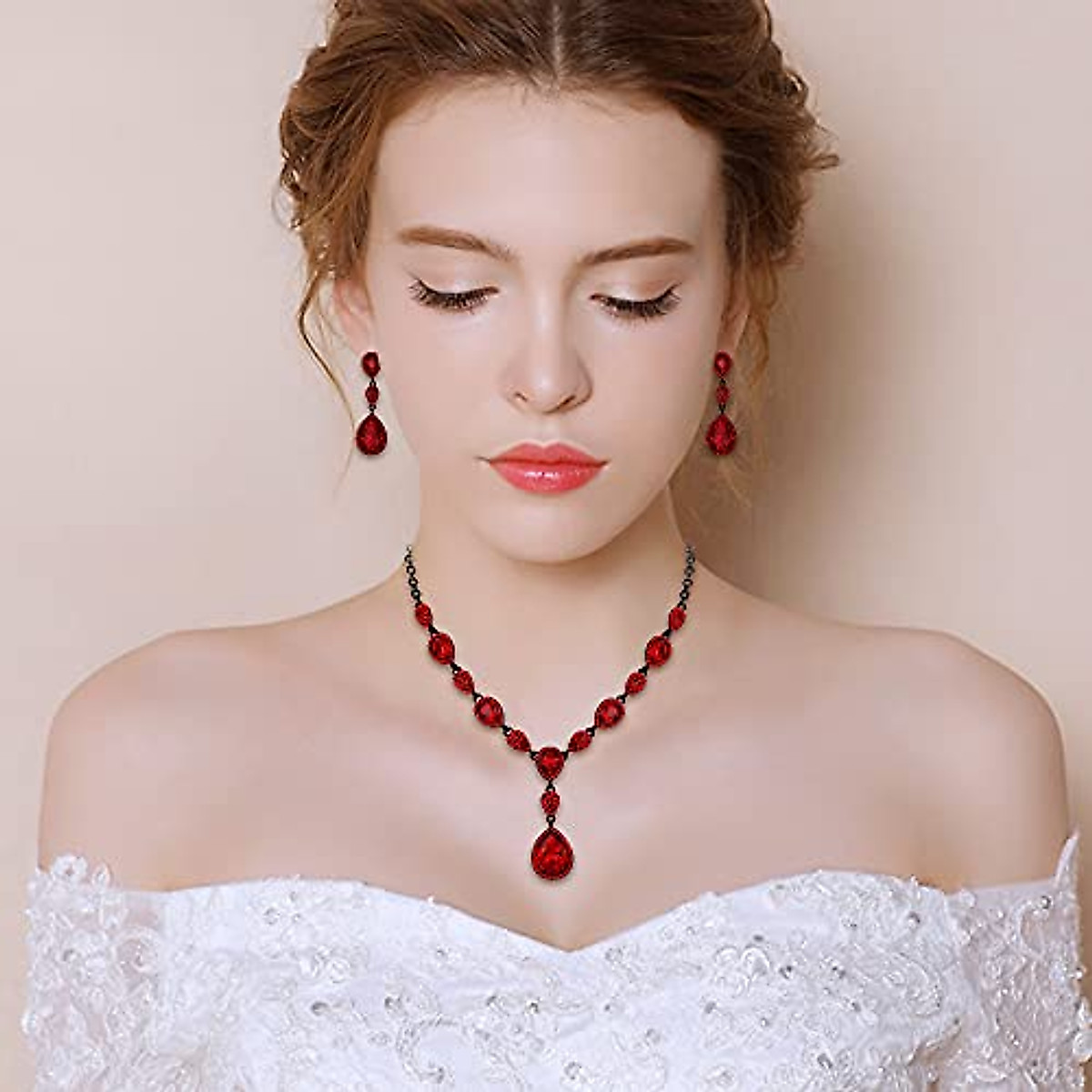 EleQueen Women's Wedding Bridal Jewelry Sets for Brides Bridesmaids, Cubic Zirconia Teardrop Necklace Tennis Bracelet Dangle Earrings Jewellery Set Ruby Black-Tone