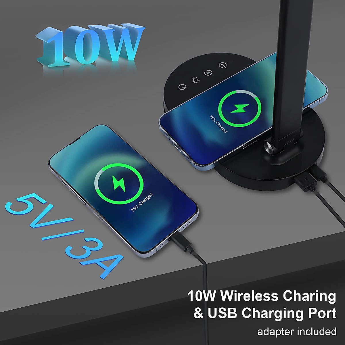 LED Desk Lamp with Wireless Charger, USB Charging Port, Touch Control, 5 Color Modes, 5 Brightness Level, Eye-Caring Desk Lamp for Study Reading, 1H Timer, Home Office Table Lamp