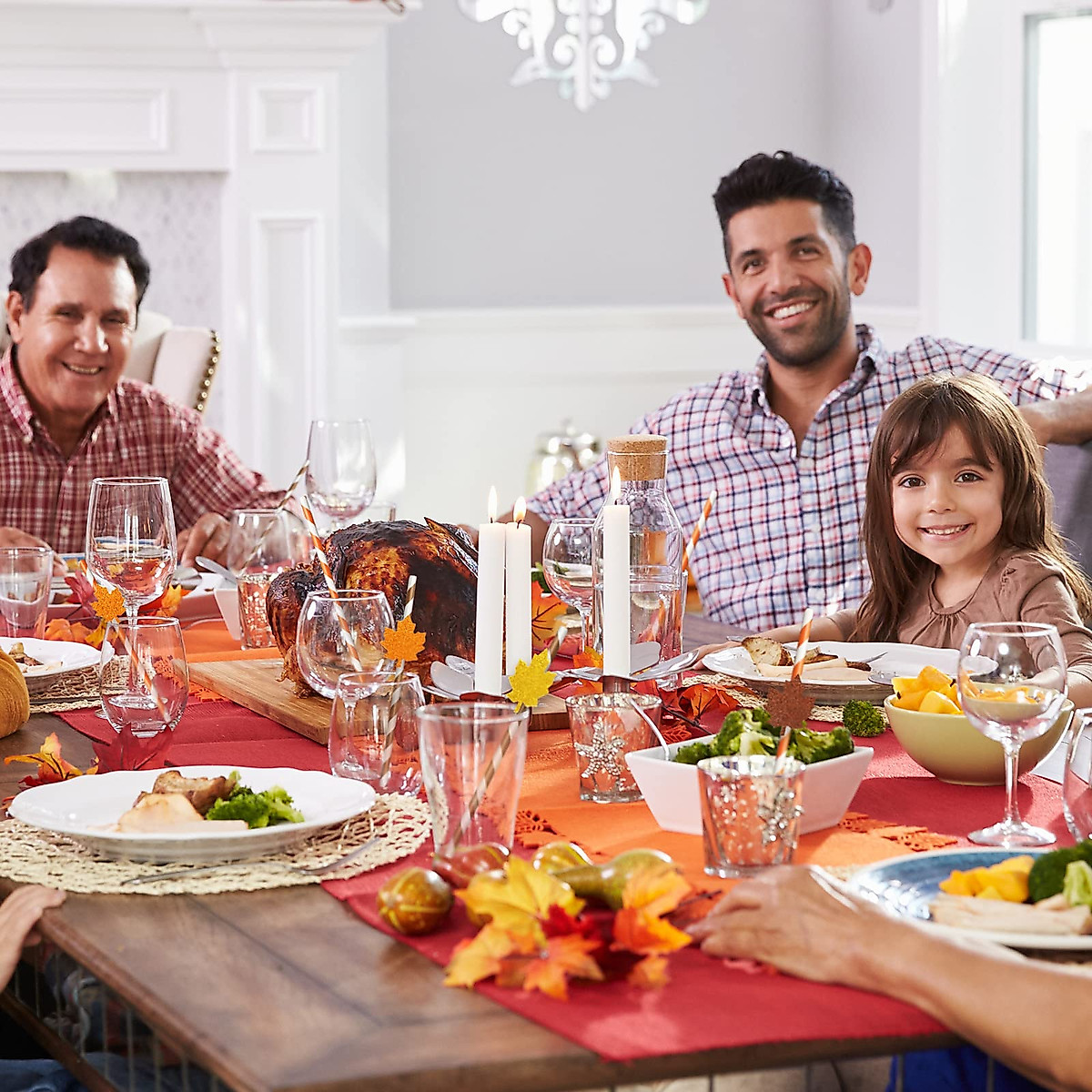 Whaline 60Pcs Thanksgiving Maple Leaf Paper Straws Fall Glitter Leaf 3 Color Disposable Drinking Straws Orange Brown Stripeed Straws with Glue Points for Autumn Thanksgiving Party Supplies