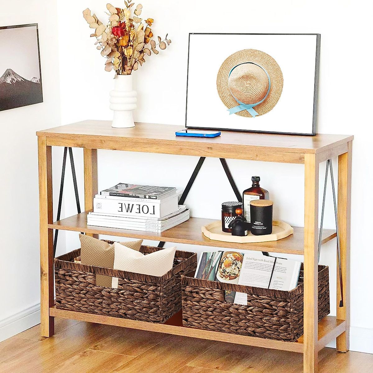 LGENHOOM Large Wicker Storage Basket, Woven Basket with Built-in Handles, Water Hyacinth Basket Storage, Rectangular Organizer Basket, Natural Wicker Baskets (Brown Water Hyacinth 16.5 x 12.6 x 6.7)