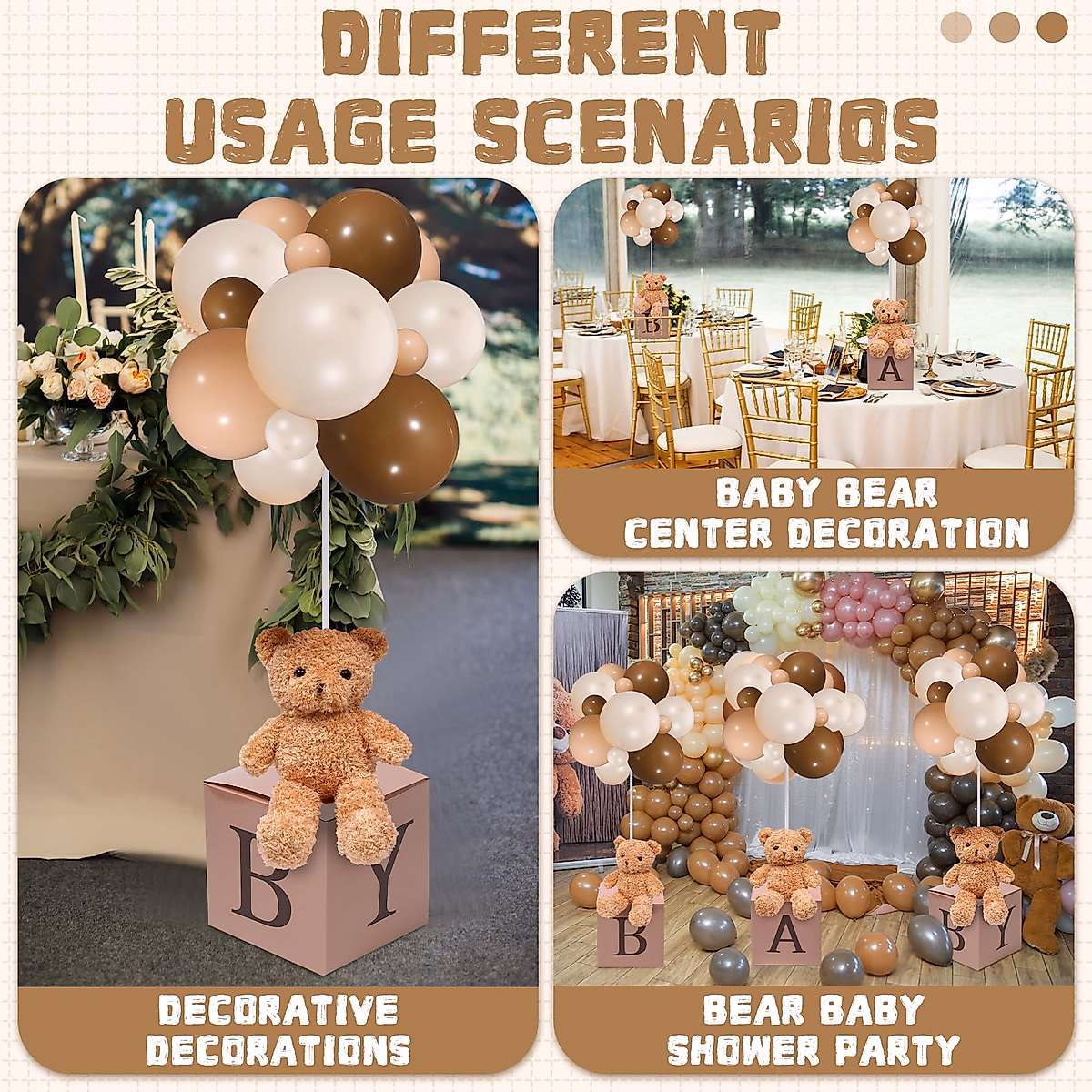 Lenwen 3 Sets Jungle Animal Decoration for Baby Shower, Baby Letter Boxes Baby Shower Table Centerpiece Stuffed Animals Balloon with Stand Animal Plush Baby Boxes for Party(Bear, Brown)