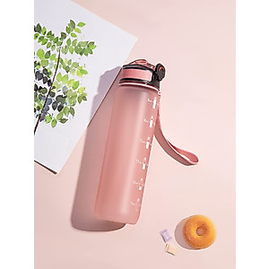 GOSWAG 32 oz Water Bottle with Straw & Time Marker, Leakproof BPA Free, Drinking Water Bottle with Hours, Carry Strap, Fits in The Cup, Backpack, Increase Water Intake of All-Day (Lotus)