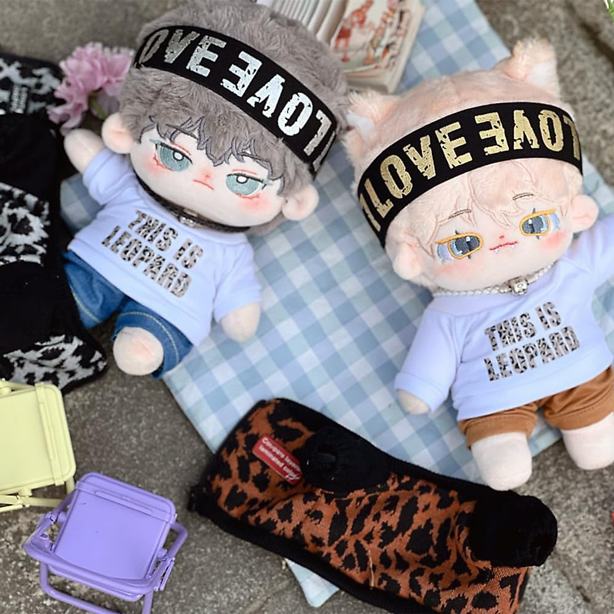 niannyyhouse 20cm Plush Doll Clothes Cool Leopard Print Suit Loose Coat T-Shirt Pants Headwear Collar Shoes Soft Stuffed Plush Toy Dress Up (White+Black, 20cm)