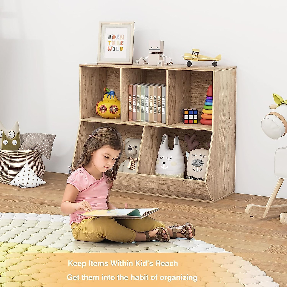 Nightcore 5-Cubby Toy Storage Cabinet, Toy Storage Organizer with Anti-Toppling Kits, Kids Bookcase & Bookshelf, Toy Storage Cubby for Playroom, Bedroom, Nursery & School (Natural)