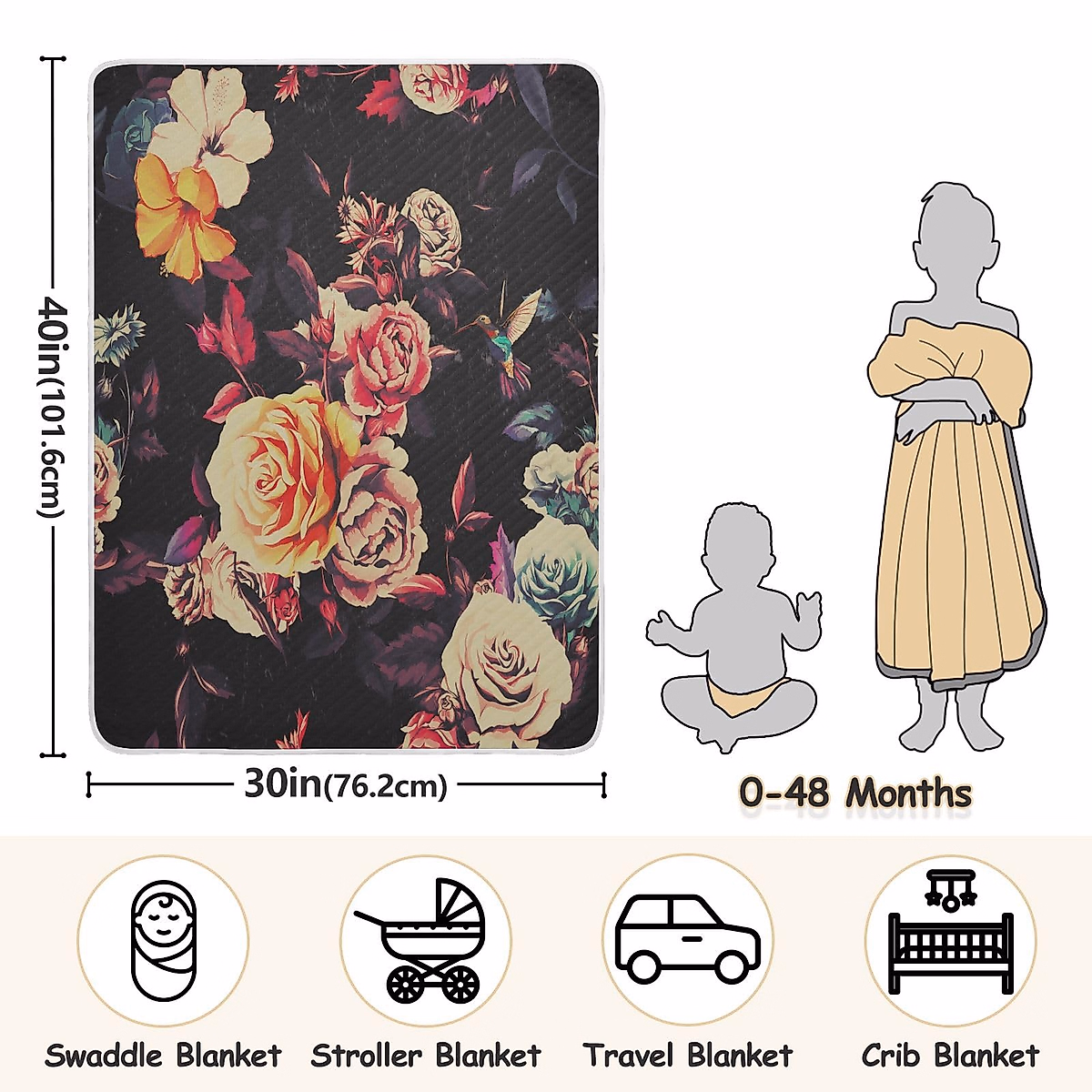 Kigai Floral Bird Pattern Baby Blanket for Boys Girls, Swaddle Blankets Soft Cozy Nursery Receiving Blankets Travel Blanket Throw Blankets for Toddler Newborn, 30 x 40 Inch