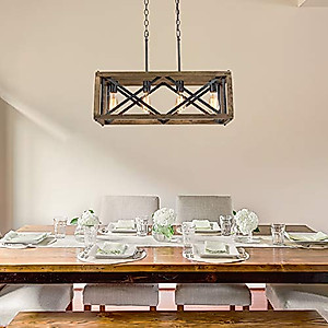 Farmhouse Chandelier, 4-Light Dining Room Lighting Fixtures Hanging, 27.5" Rustic Rectangle Chandelier for Kitchen Island