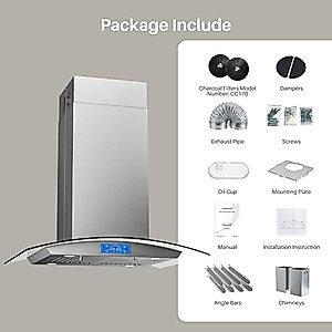 FIREGAS Island Range Hood 30 inch 700 CFM with Chimney, Ceiling Mount Kitchen Vent Hood with Tempered Glass, 4 LED Lights, Permanent Filters, Premium Touch Control Panel, Includes Charcoal Filter