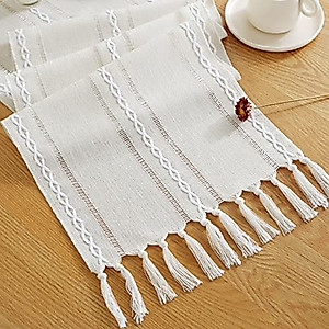 JIALE Table Runner, Rustic Farmhouse Table Runners with Tassels, Boho Cotton Linen Table Runner for Table Decorations, Holiday Party and Wedding, 72 Inches, Ivory