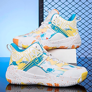 WURTON Women Men Basketball Shoes Fashion Running Sneakers Graffiti Style Sport Shoes Low-top Lace-up Breathable Combat Shoes White Orange