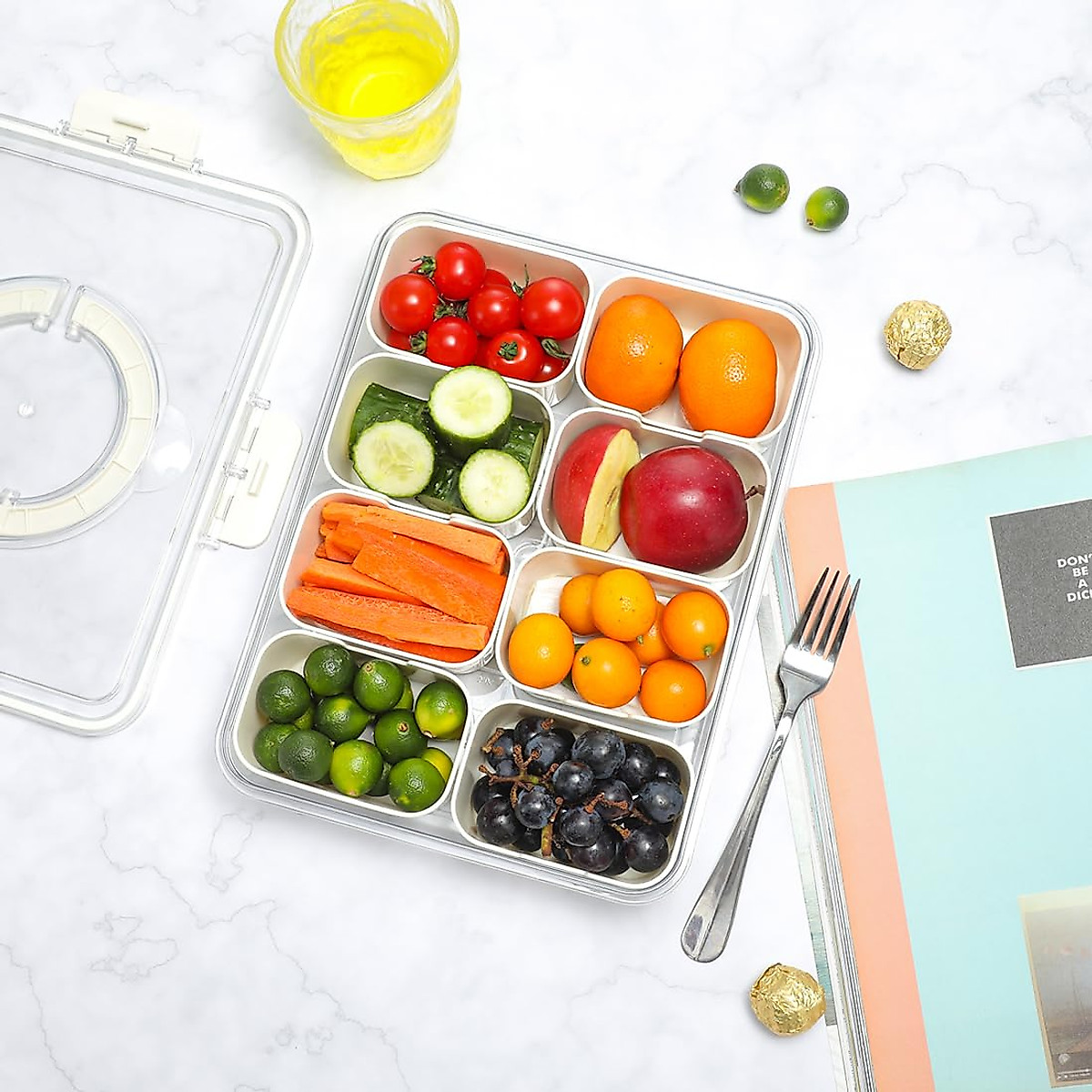 Olavon Clear Snackle Box Container with Lid and Handle - 8 Compartments Divided Serving Tray, Portable Snack Charcuterie Organizer, Snackable Box Platters for Candy, Fruits, Snacks