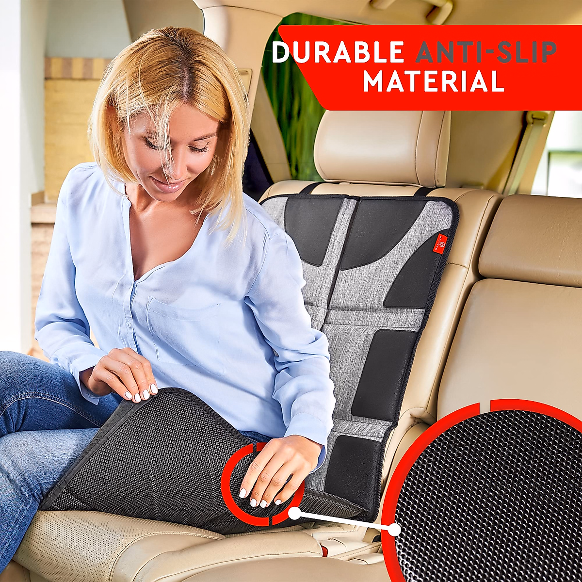 Helteko Car Seat Protector, Large Seat Cover for Child Carseat, Extra Waterproof & Stain Resistant, Thickest Padding Baby Mats Under Car Seats for Leather Seats, 2 Mesh Storage Pockets, 1Pack (Gray)