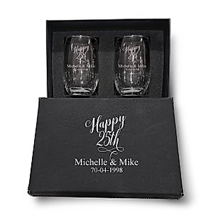 Krezy Case 25th Anniversary Couple wine glasses,20oz Etched Stemless Wine Glasses for Couples, Perfect Engagement Wine Glasses,Bridal shower Wine Glasses, Anniversary Wine Glasses