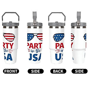 Party in The USA Sunglasses Patriotic 30 OZ Insulated Tumblers with Handle And Straw Leakproof Vacuum Insulated Stainless Steel Water Bottle for Car Fishing Travel