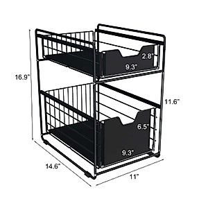 2 Tier Sliding Cabinet Basket Drawer Sliding Basket Under Sink Cabinet Storage Shelf for Kitchen Countertop Pantry Bathroom Office Desktop - Black