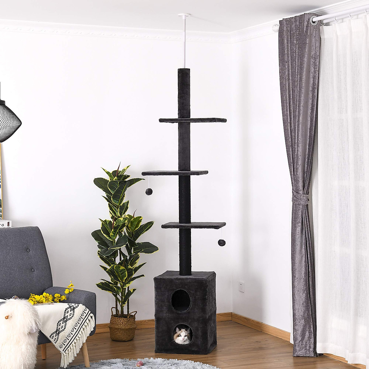 PawHut Cat Tree Floor to Ceiling Condo w/Jute Scratching Post Dangling Ball Adjustable 86.5" H -96.5" H, Grey